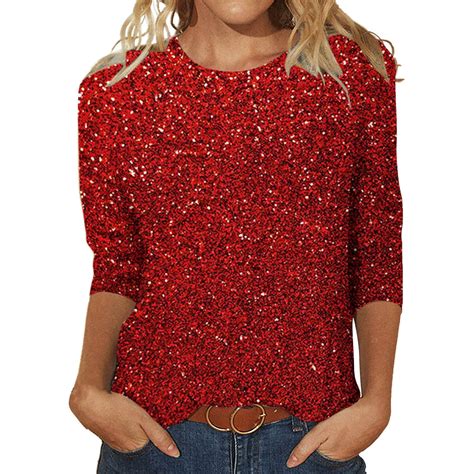 Dyfzdhu Sequin Tops For Women Trendy V Neck Sparkly 34 Sleeve Shirts