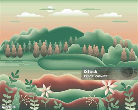 플랫 스타일 디자인의 언덕 풍경 아름다운 들판 초원 산과 하늘 계곡 호수 강 언덕 숲 나무가있는 시골 위치 녹색 갈색 그라데이션 색상 만화 배경 벡터 일러스트레이션 산에