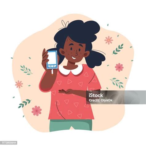 어린이 당뇨병 벡터 그림입니다 빈 공간이 있는 혈당계를 가진 귀여운 소녀 설탕 테스트 당뇨병 관리 및 건강 관리 개념 낙하 테스트를 받는 혈당계가 있는 만화 어린이 캐릭터