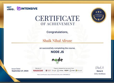 Earned Node Js Developer Certification Nihal Afroze Shaik Posted On