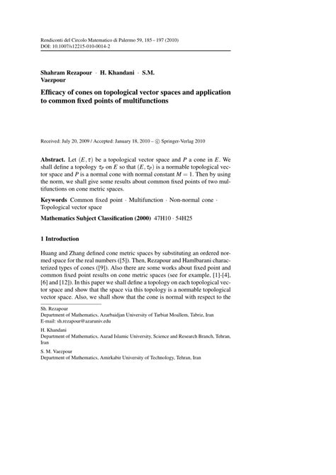 Pdf Efficacy Of Cones On Topological Vector Spaces And Application To Common Fixed Points Of