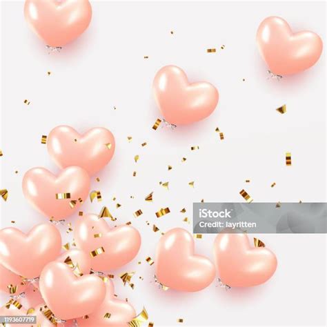 헬륨 풍선 축제 배경입니다 생일 포스터 배너 해피 기념일을 축하합니다 사실적인 장식 디자인 요소 벡터 3d 개체 발론 하트 모양 분홍색 색상입니다 0명에 대한 스톡 벡터