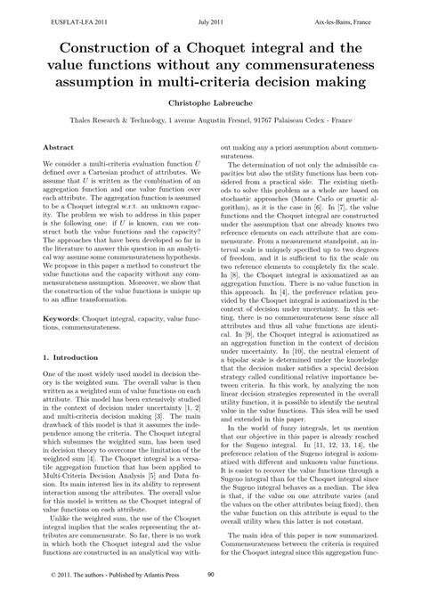 Pdf Construction Of A Choquet Integral And The Value Functions Without Any Commensurateness