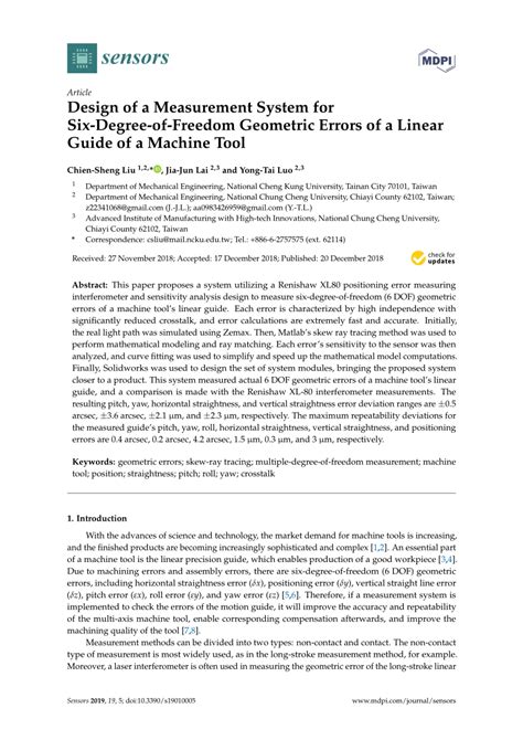 Pdf Design Of A Measurement System For Six Degree Of Freedom Geometric Errors Of A Linear