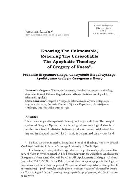 PDF Knowing The Unknowable Reaching The Unreachable The Apophatic Theology Of Gregory Of Nyssa