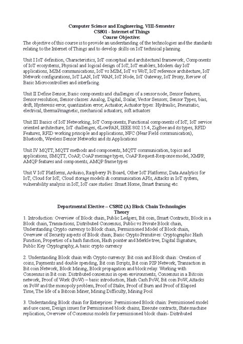 Syllabus Computer Science And Engineering VIII Semester CS801 Internet Of Things Course