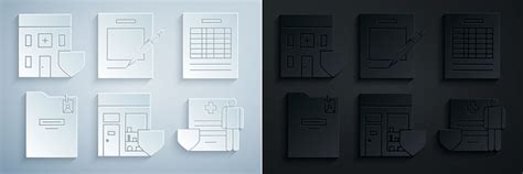 방패 보고서 파일 문서 개인 폴더 의료 클립 보드 임상 기록 빈 노트북과 펜과 병원 아이콘쇼핑 건물을 설정합니다 벡터 3차원 형태에 대한 스톡 벡터 아트 및 기타 이미지