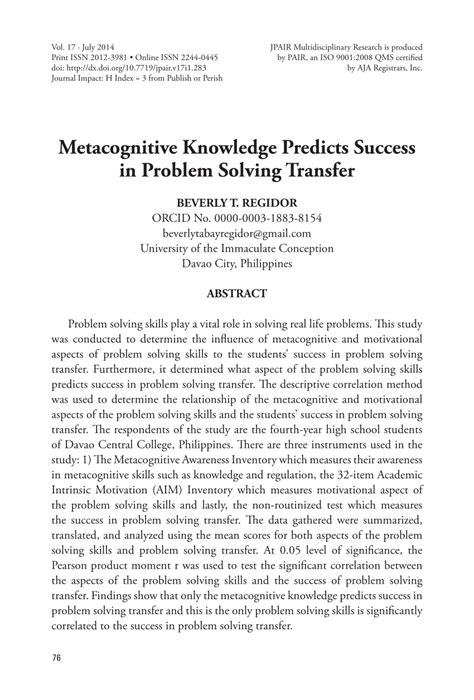 Pdf Metacognitive Knowledge Predicts Success In Problem Solving Transfer