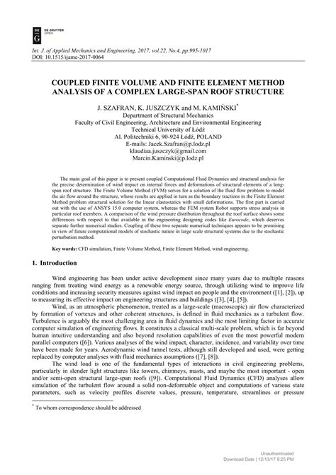 Pdf Coupled Finite Volume And Finite Element Method Analysis Of A Complex Large Span Roof