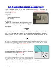 Exploring Light Refraction Index Of Refraction Determination Course Hero