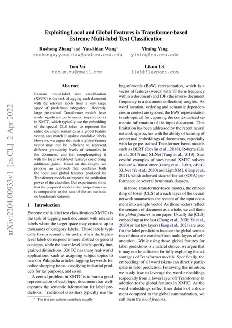 Exploiting Local And Global Features In Transformer Based Extreme Multi