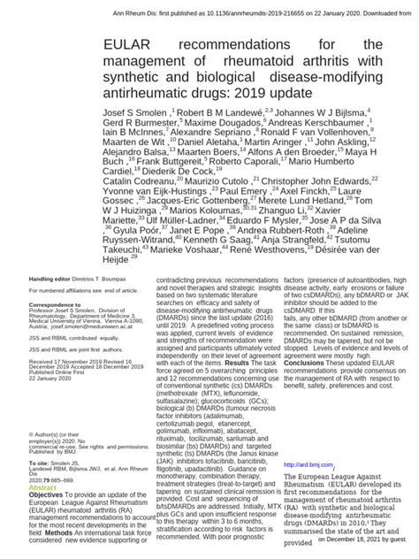 Eular Recommendations For The Management Of Ra 2019 Update Pdf