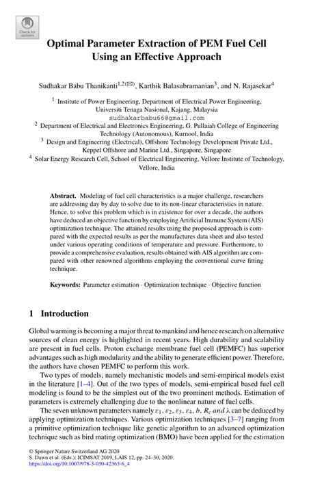 Pdf Optimal Parameter Extraction Of Pem Fuel Cell Using An Effective Approach