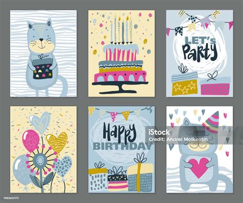 3 행복 한 생일 파티 카드의 세트입니다 벡터 손으로 그려진된 그림 생일에 대한 스톡 벡터 아트 및 기타 이미지 생일 인사장 기념일 Istock