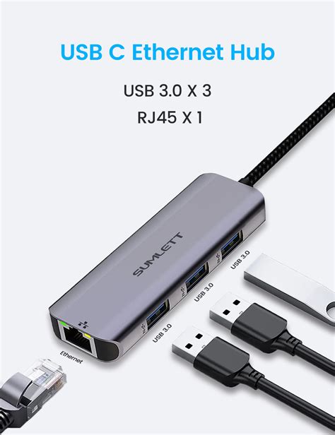 Sumlett USB Type C To Ethernet Multiport Adapter In USB C Hub With RJ Gigabit Lan Port And