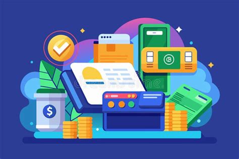 A Vibrant Illustration Depicting A Digital Payment Setup Featuring Cash Cards And A