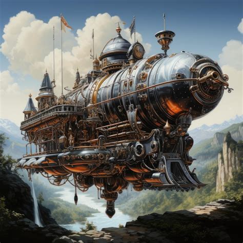 Premium Ai Image Zeppelin Steampunk Fantasy Illustration Art Retro