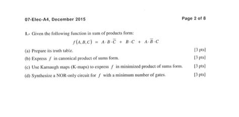 solved 1 given the following function in sum of products