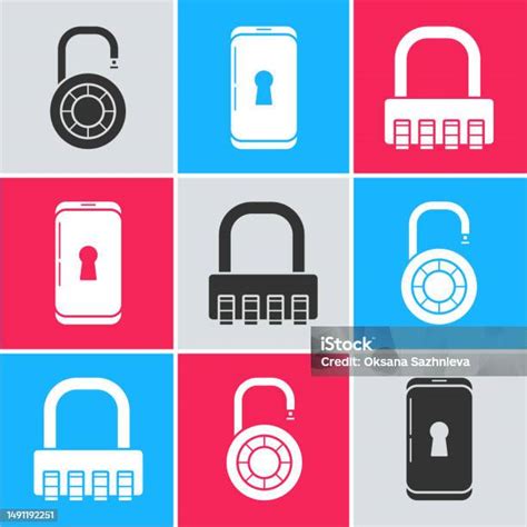 Set Safe Combination Lock Wheel Smartphone With Lock And Safe Combination Lock Icon Vector Stock