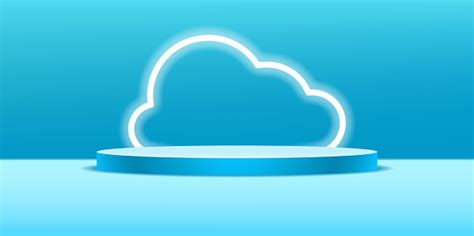 제품 배치 및 디스플레이를위한 추상적 인 단계에서 파란색 색상과 네온 구름이있는 벡터 사실적인 연단 플랫폼 클라우드 컴퓨팅에