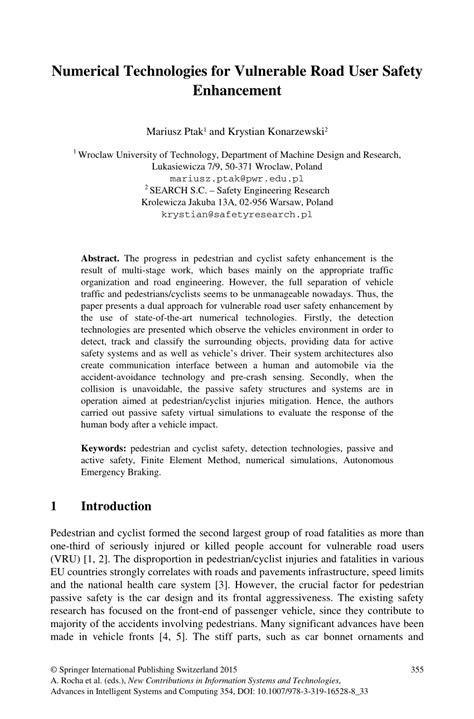 Pdf Numerical Technologies For Vulnerable Road User Safety Enhancement