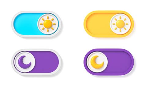 가젯 인터페이스의 개념은 낮과 밤 모드 및 Ui 기호로 전환됩니다 낮과 밤 모드 온 오프 스위치 밝고 어두운 버튼 3d 렌더링 3차원 형태에 대한 스톡 사진 및 기타 이미지