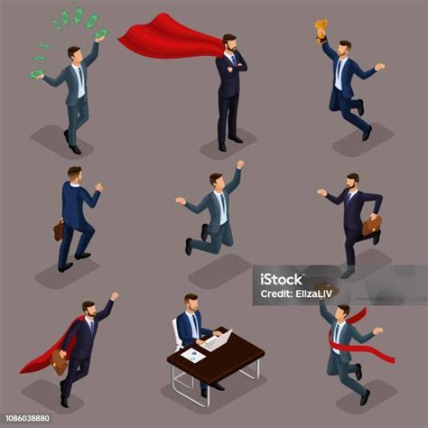 유행 아이소메트릭 3d 사업가 젊은 사업가 돈 보너스 성공 기쁨 작업 운동 어두운 배경에서 격리 하는 시작 된 개념 경영자에 대한 스톡 벡터 아트 및 기타 이미지 Istock