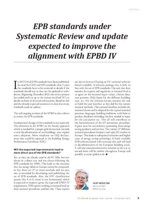 REHVA Journal EPB Standards Under Systematic Review And Update Expected To Improve The Alignment