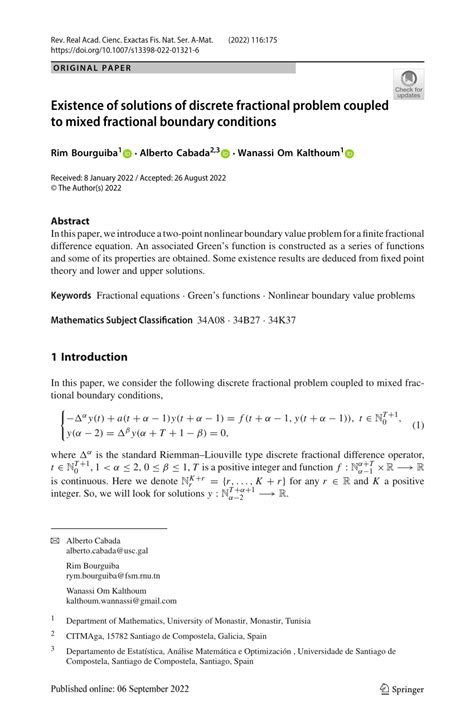 Pdf Existence Of Solutions Of Discrete Fractional Problem Coupled To Mixed Fractional Boundary