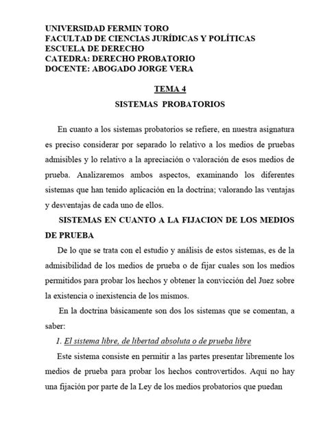 Tema 4 Sistemas Probatorios Pdf Evidencia Ley Juez