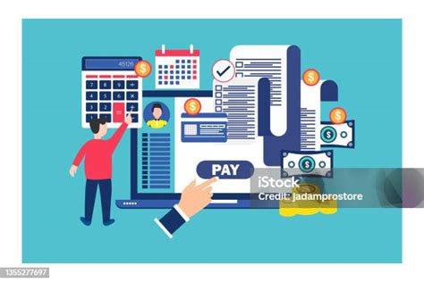 급여 급여 지불 행정 벡터 일러스트 개념 남자 회계사 계산 지불 검사 비즈니스에 대한 스톡 벡터 아트 및 기타 이미지 비즈니스 지폐 컴퓨터 Istock