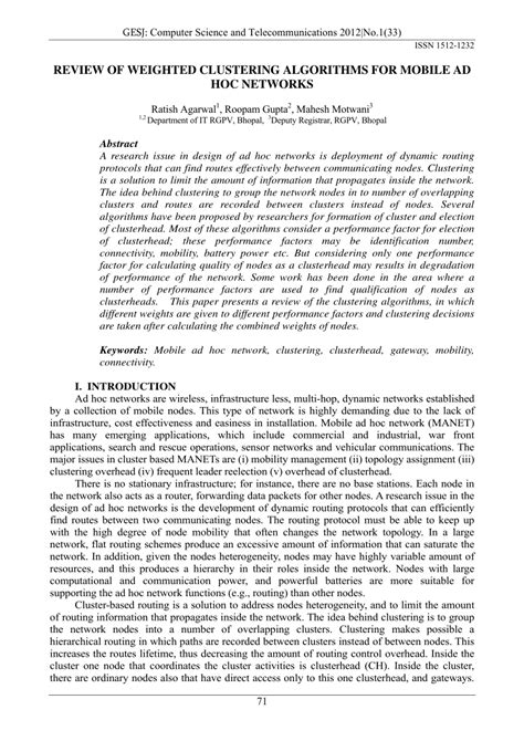 Pdf Review Of Weighted Clustering Algorithms For Mobile Ad Hoc Networks