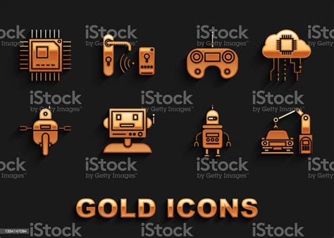 설정 로봇 사물 인터넷 산업 기계 로봇 암 손 원격 제어 마이크로 회로 Cpu와 디지털 도어 잠금 무선 기술의 프로세서 잠금 해제 아이콘 벡터 Cpu에 대한 스톡 벡터 아트