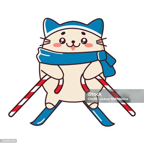 카와이 스타일의 스키를 타고 겨울 모자를 쓴 귀여운 흰 고양이 고양이 스티커 벡터 12월에 대한 스톡 벡터 아트 및 기타 이미지 12월 1월 가축 Istock