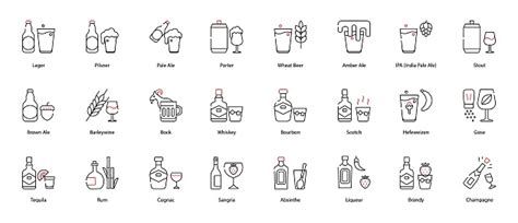 라거 필스너 브라운 에일 보리 와인 데킬라 럼 창백한 에일 포터 위스키 상그리아 밀 맥주 버번 압생트 앰버 에일 스카치 리큐어 Ipa Hefeweizen 브랜디 스타우트