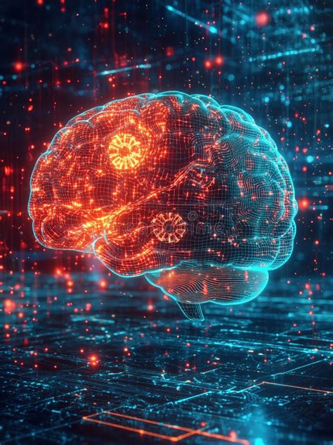 Futuristic Digital Brain Visualization With Glowing Circuitry And Neural Connections Stock