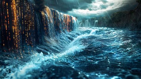 Photo Realistic Binary Valley Binary Code Flowing Through Digital Landscape Like A River Stock