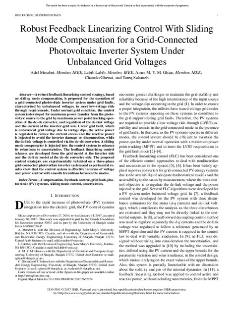 Pdf Robust Feedback Linearizing Control With Sliding Mode Compensation For A Grid Connected