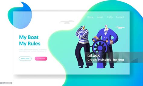 스티어링 휠 선장 세 일러에서 박탈 조끼 쌍안경 웹 사이트 방문 페이지를 보고 선박 승무원 해상에서 작업 하는 선박 물건 항해 작업 웹 페이지 만화 평면 벡터 일러스트 레이