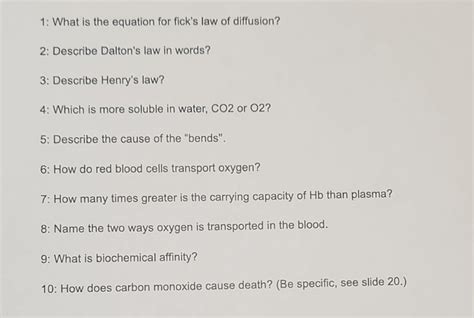 1 What Is The Equation For Ficks Law Of Diffusion 2 Describe Daltons Law In Words 3