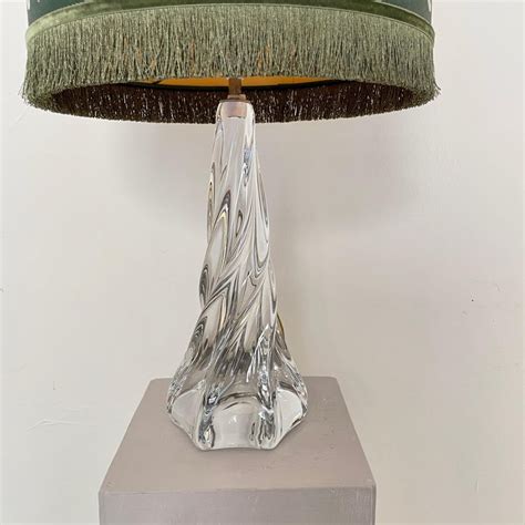 Mid Century French Crystal Glass Table Lamp With Round Fabric Lamp
