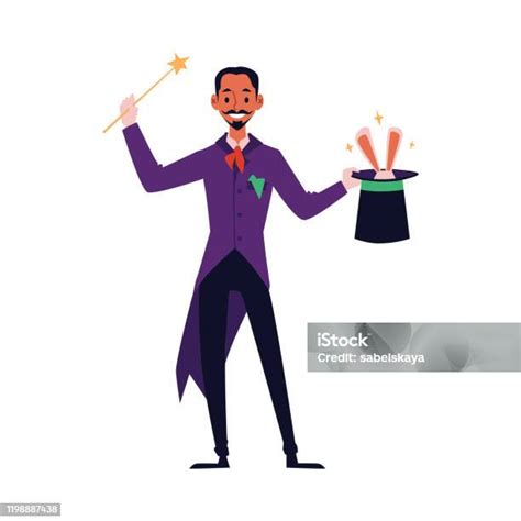 토끼 귀가 나오는 상단 모자를 들고 마법 지팡이와 만화 마술사 마술사에 대한 스톡 벡터 아트 및 기타 이미지 마술사 남자 마술 지팡이 Istock