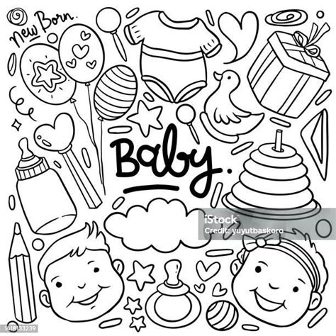 아기와 신생아 낙서 아이콘 배너 아기 소녀와 소년 장난감 음식 공 풍선 달 별 우유 병 생일 요소와 만화 스케치 스타일 낙서 손으로 그린 그림과 벡터 일러스트 레이 션 구에