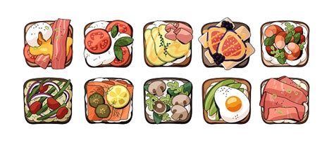 다른 샌드위치 평면도 세트입니다 아보카도 계란 베이컨 연어 버섯으로 빵을 토스트합니다 만화 스타일의 아침 식사 음식 건강한 식습관 흰색 배경에 평평한 고립 된 벡터 그림 0