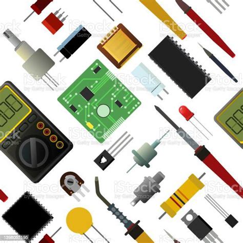 라디오 구성 요소 집합입니다 배경 이미지 무선 회로용 요소 원활한 패턴 흰색으로 격리된 개체입니다 전자 세부 사항 벡터 0명에 대한 스톡 벡터 아트 및 기타 이미지 Istock