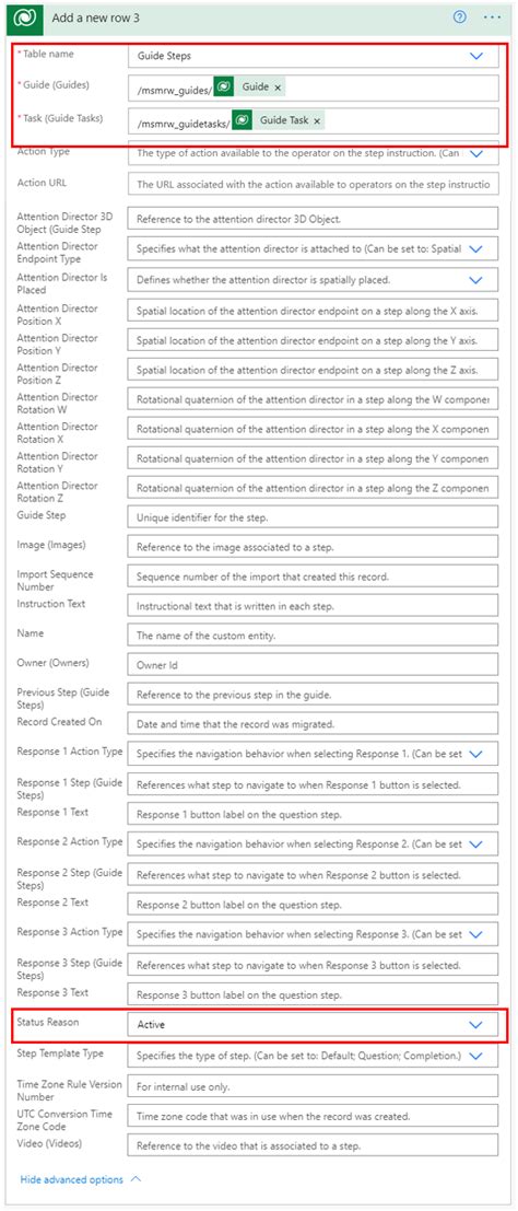 在 Power Automate 中创建指南所需的表和字段 Dynamics 365 Mixed Reality Microsoft