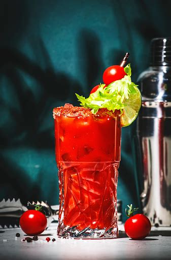 소금과 칠리 페퍼로 장식 된 유리에 토마토 주스 보드카 레몬 셀러리 핫 소스 및 얼음이 들어간 블러디 메리 클래식 알코올 칵테일