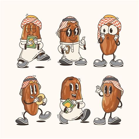 컬렉션 전통적인 만화 라마단 카림 일러스트와 빈티지 터치 프리미엄 벡터