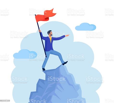 사업가는 산 꼭대기에 올라 깃발을 들어 올렸다 경력 전문적인 성취 야망 사람은 산 꼭대기에 서서 승리를 축하합니다 사업 개발 성공 성장 기에 대한 스톡 벡터 아트 및 기타
