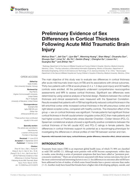 PDF Preliminary Evidence Of Sex Differences In Cortical Thickness Following Acute Mild